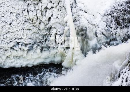 Waterfall with snow and ice, Ravennaschlucht, winter, near Hinterzarten ...