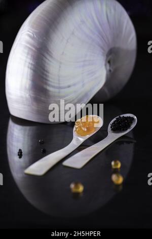 Vertical shot of Macoma shell and two spoons made from its material ...