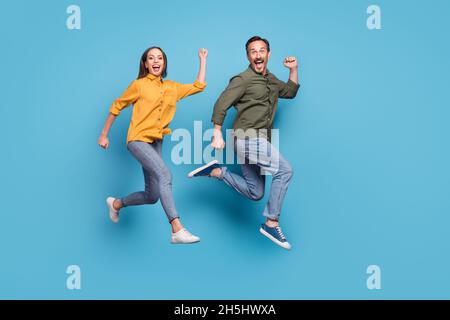 Full size photo of excited delighted girl raise fists celebrate success ...