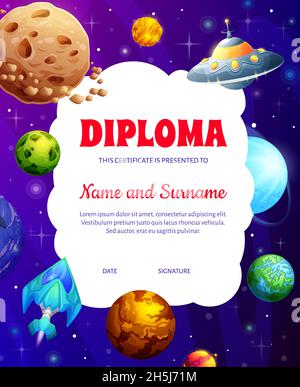 Kids diploma fantastic flying saucer, UFO and galaxy space planets ...