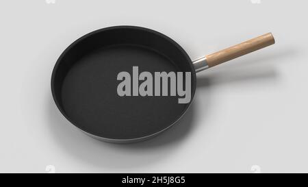 3d rendering of an empty frying pan with wooden handle for food ...