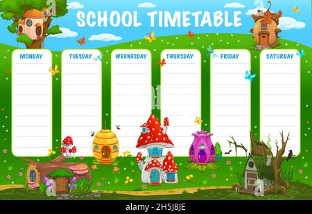 Weekly timetable schedule with cartoon fairy and elf village houses ...