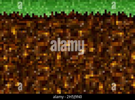 Cubic pixel game golden ore, grass and ground blocks, vector background ...