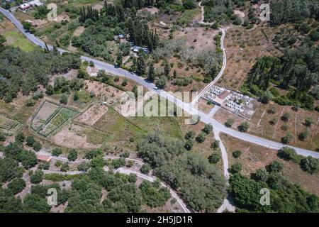 Aerial view of with Cemetery near Vouniatades village on the Greek ...