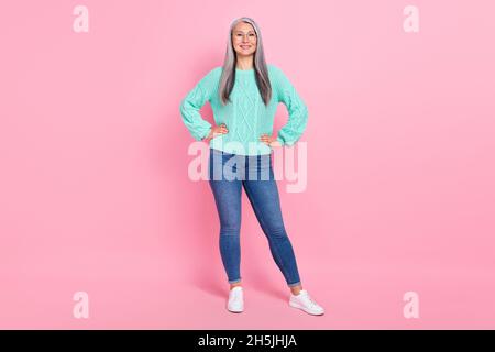 Full size photo of adorable lovely positive lady walking have good mood ...