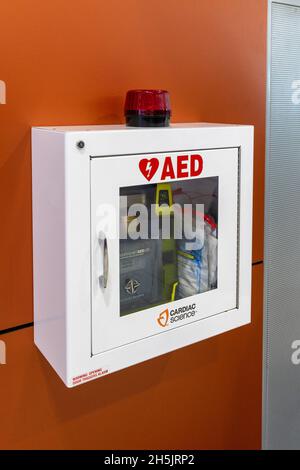Life saving, portable automated defibrilator (AED) mounted on the wall ...