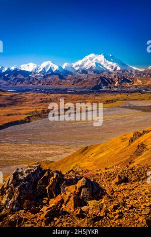 View of Mount Denali (McKinley), Muldrow Glacier, and Thorofare River ...