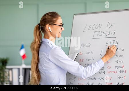 Lecture concept. Millennial female French teacher standing near ...