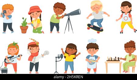 Cartoon kids hobbies. Children creative musical, acting, drawing ...