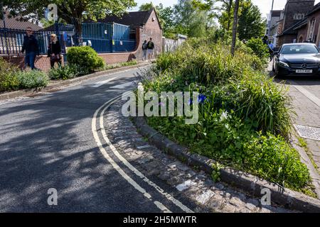 A traffic calming pinch point with street trees and planting reduces ...