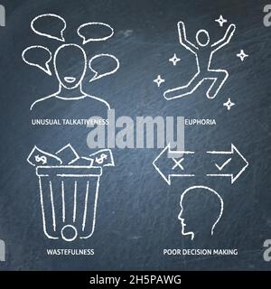 Bipolar disorder, mania or hypomania phase icon set on chalkboard ...