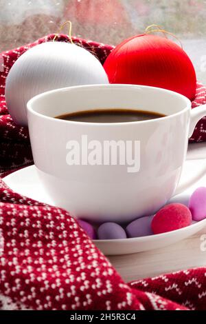 Aesthetics Christmas breakfast - cup of coffee, cookies, tangerines ...