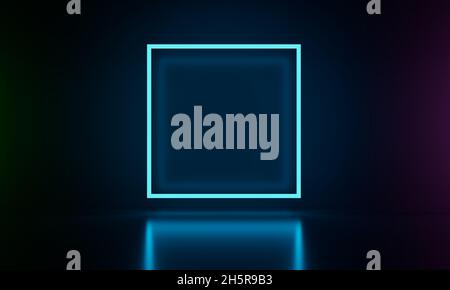 Futuristic retro square neon light glowing on rocky ground, large ...