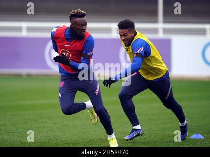 England's Tammy Abraham and Reece James (right) during a training ...