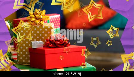 Image of christmas stars falling over lights and purple background ...
