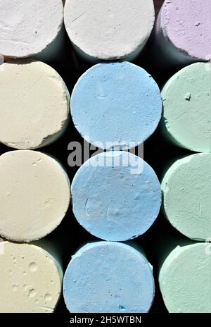 colorful round street crayon in a box assorted colors seen from above ...