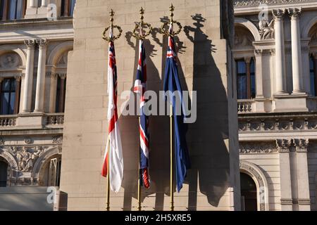 The Cenotaph war monument with flags seen in Whitehall, London, UK ...