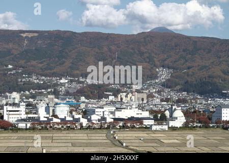 suwa, nagano, japan, 2021-06-11 , autumn leaves seen at Suwa lake seen ...