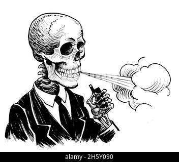 Vaping human skeleton. Ink black and white drawing Stock Photo - Alamy