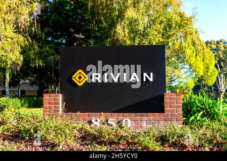Rivian sign logo at headquarters in Silicon Valley. Rivian is an ...