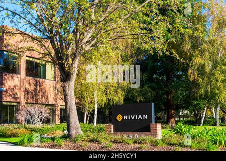 Rivian sign logo at headquarters in Silicon Valley. Rivian is an ...