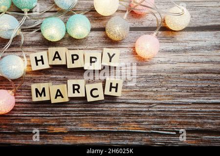 Happy March alphabet letter with LED Cotton ball Decoration on yellow ...