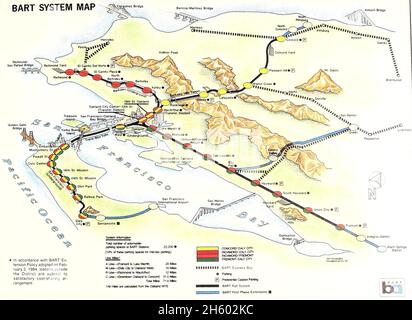 Stylized aerial map of BART service in 1983. This style appears to have ...