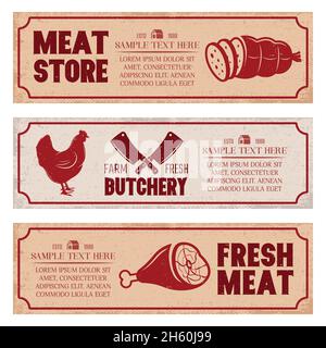 Meat product banners. Beef and pork sausage, ham and salami, bacon ...