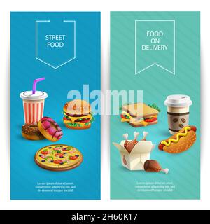 Vertical cartoon banners set with delicious fast food dishes on ...