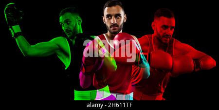 Creative artwork of professional boxer training isolated over green ...