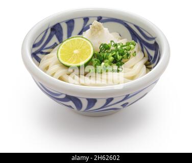 japanese cold Sanuki udon noodles on toppings with surimi tempura and ...