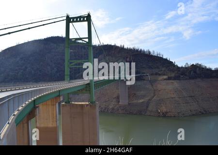 View of the Bidwell Bar Bridge, a steel suspension bridge built in 1965 ...