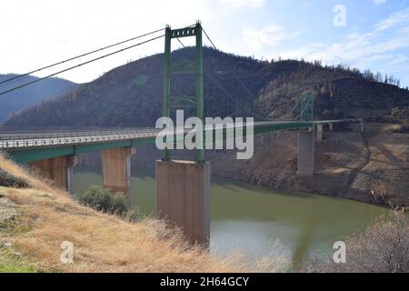 View of the Bidwell Bar Bridge, a steel suspension bridge built in 1965 ...