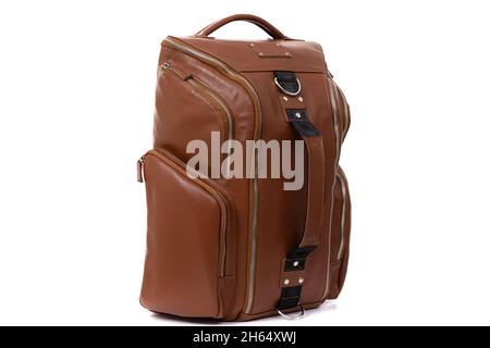 light brown backpack made of genuine leather on a white background ...