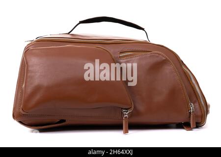light brown backpack made of genuine leather on a white background ...