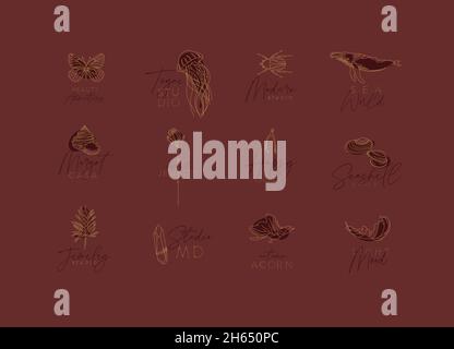 Flora and fauna Art Deco labels with lettering drawing on white ...