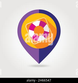 Lifebuoy vector pin map flat icon with long shadow. Beach Map pointer ...