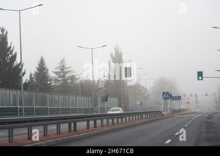 Legionowo, Poland - October 24, 2021: Fog on the road. Autumn weather ...