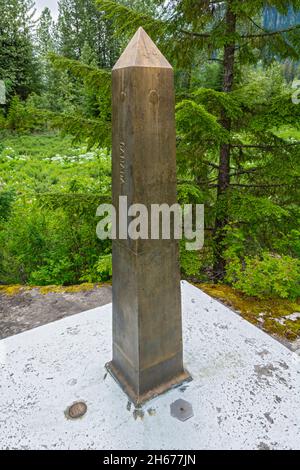 United States, Alaska, Hyder, historic border station, obelisk marks ...