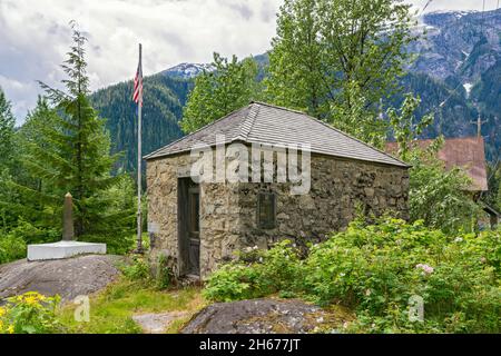 United States, Alaska, Hyder, historic border station, obelisk marks ...