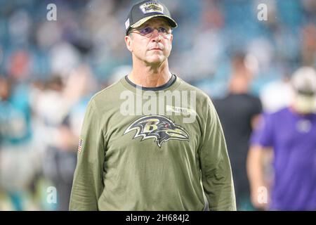 Baltimore Ravens head coach John Harbaugh addresses the media after an ...