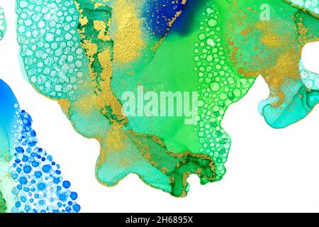 Watercolor green, blue and gold abstract stains background. Ink ...