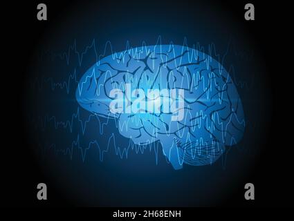 Illustration of human brain and brain waves on technology background ...