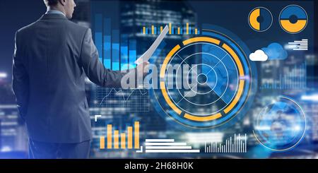 Digital background with infographs and man extending papers or contract ...