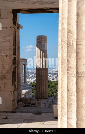 Column and arches of Parthenon located at Acropolis of Athens.against ...