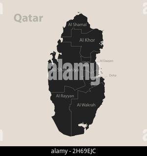 Qatar map, separate regions with names, infographics blue flat design ...