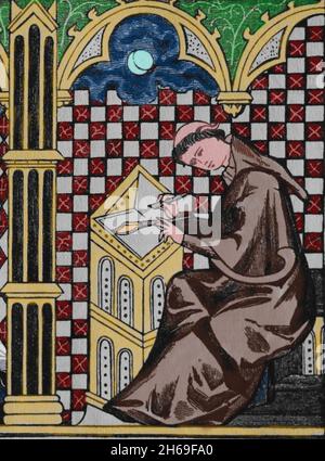 Medieval mathematicians. Monk copying a manuscript. Engraving after a ...