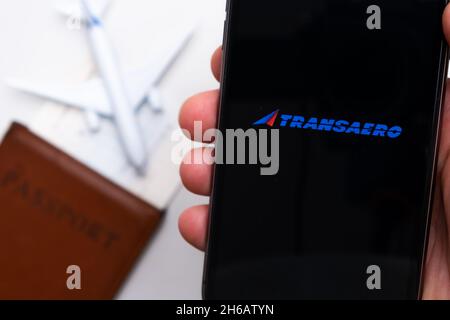 Transaero airlines company app or logo displayed on a mobile phone with ...