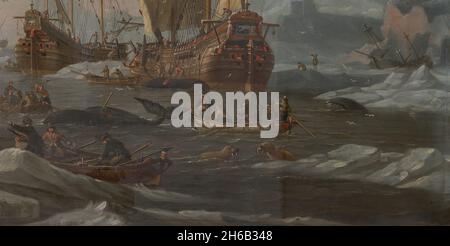 The Dutch Whaling Fleet, 1690/1700. Sailors harpooning whales and ...