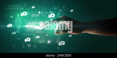 Doctor hand pressing futuristic health device with medical symbol on ...